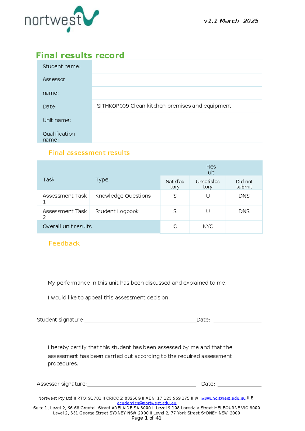 SITHKOP009 Clean Kitchen Premises & Equipment Final Assessment Results ...
