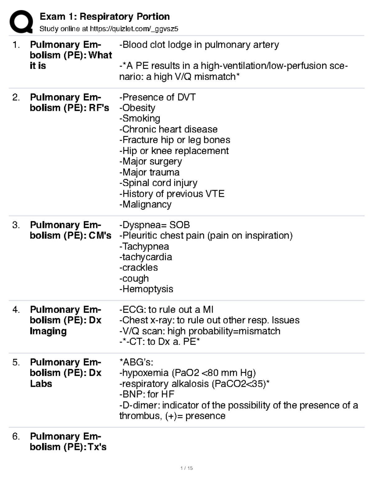 NUR 312 Final Exam Study Notes on Pulmonary Embolism and ARDS - Studocu