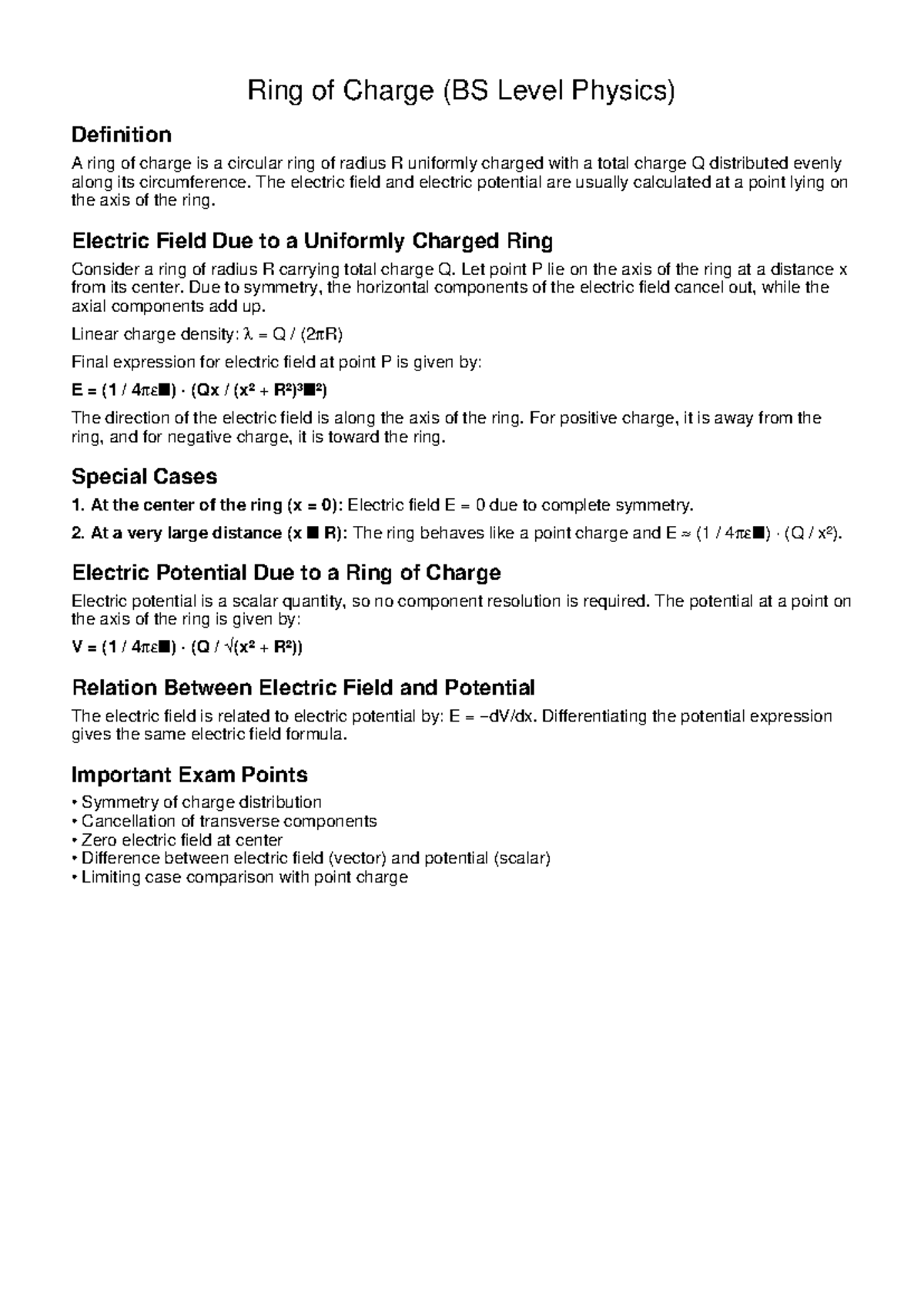 Ring of Charge: Electric Field & Potential (BS Level Physics) - Studocu