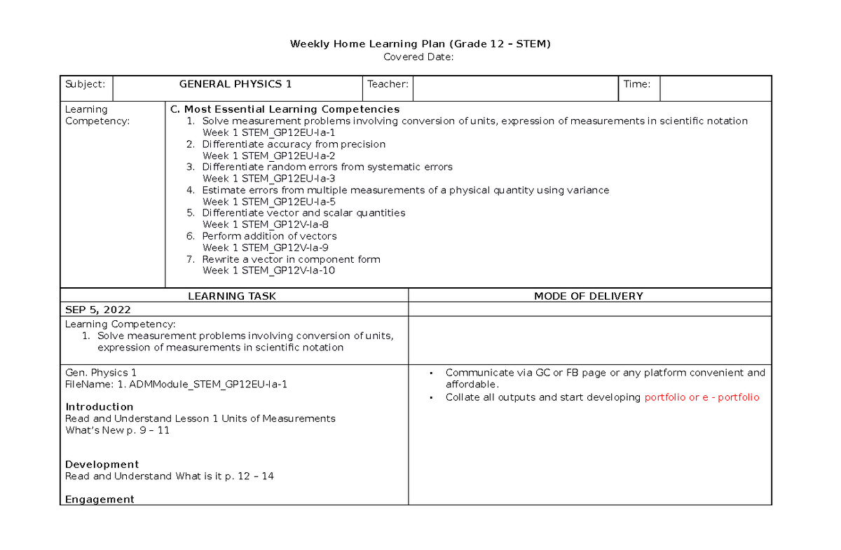 GEN- Physics-I Weekly Home Learning Plan (Grade 12 – STEM) - Studocu