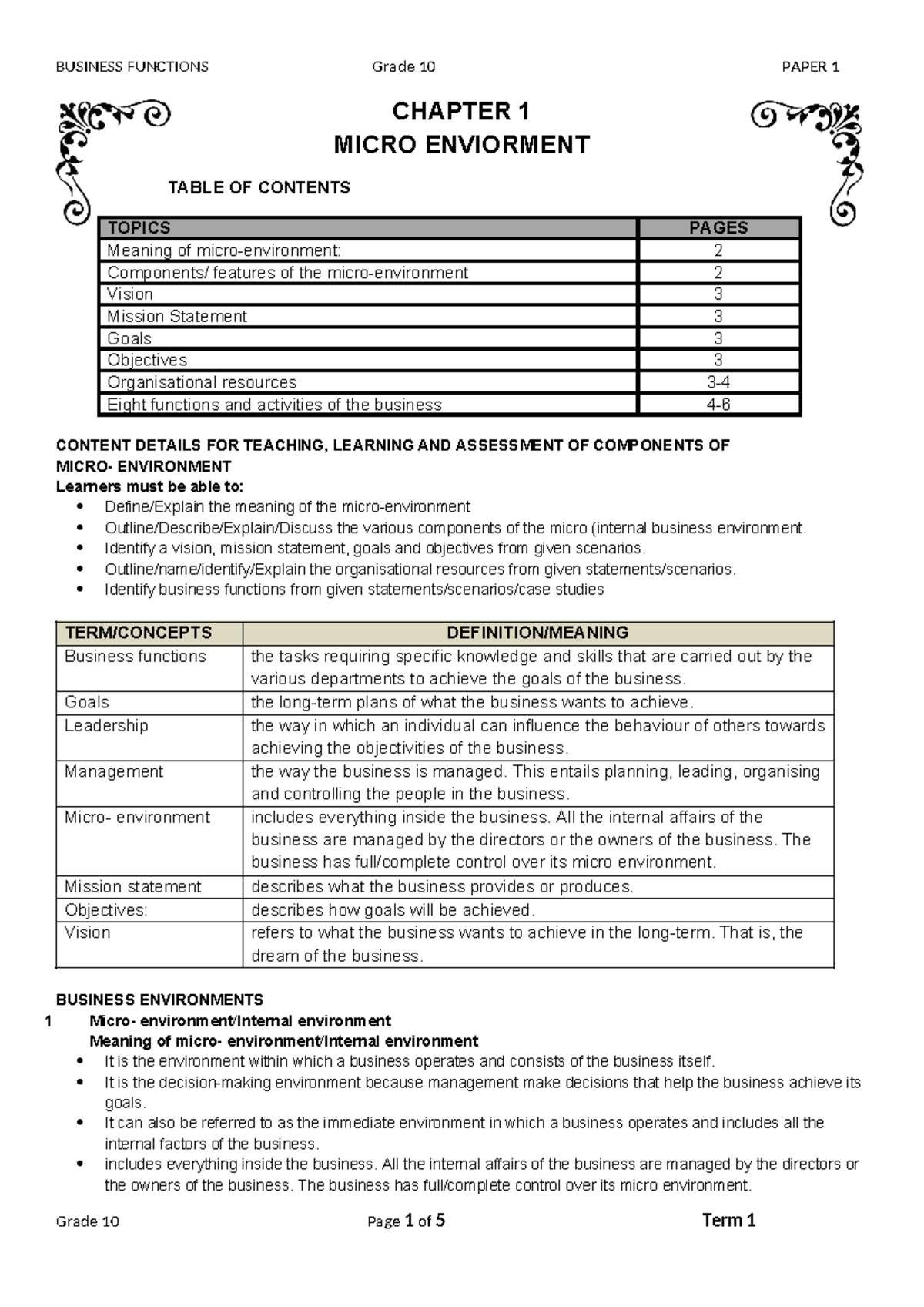 BUSINESS FUNCTIONS GRADE 10 PAPER 1: MICRO ENVIRONMENT OVERVIEW - Studocu