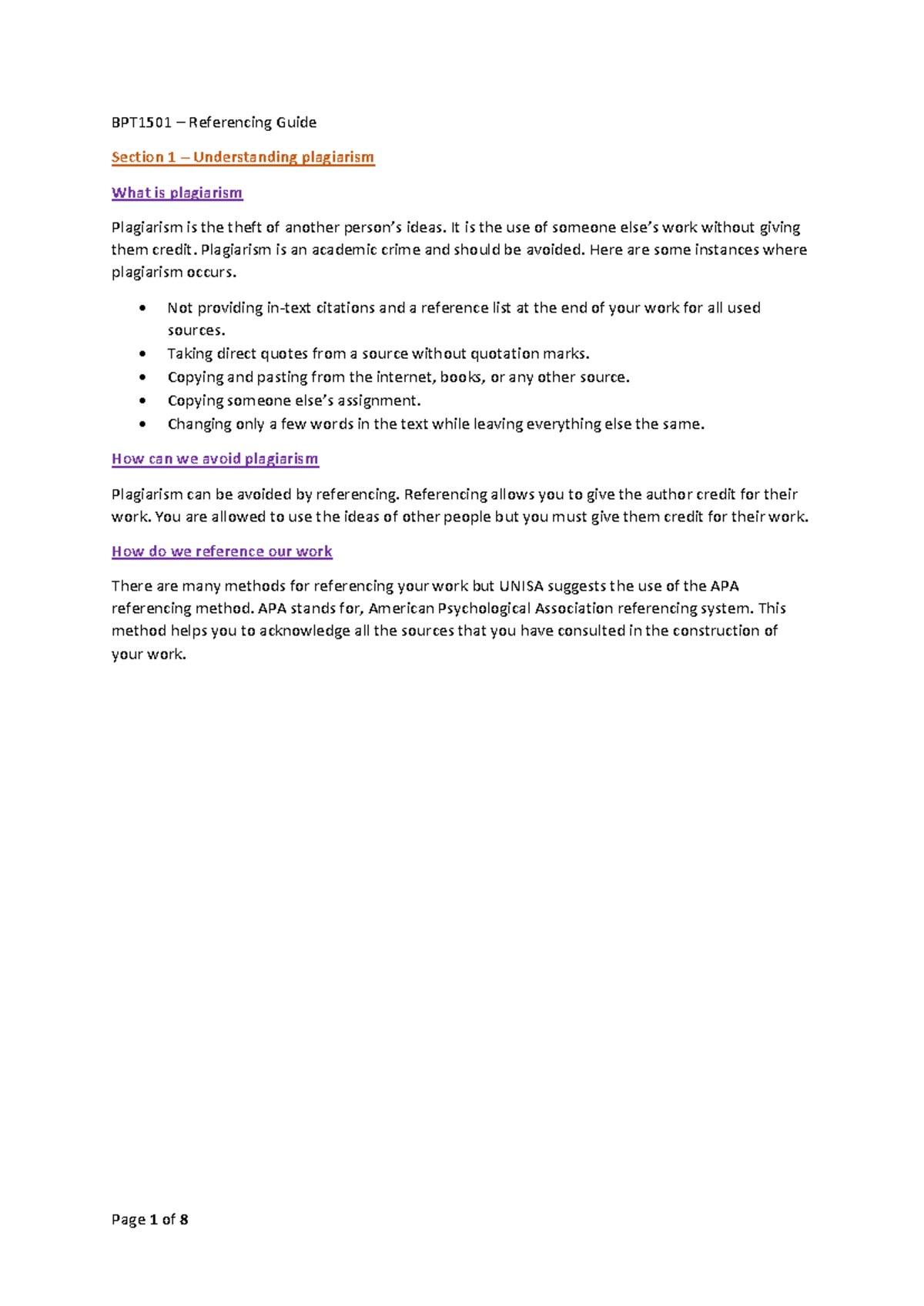 BPT1501 - Referencing Guide: Techniques to Avoid Plagiarism - Studocu