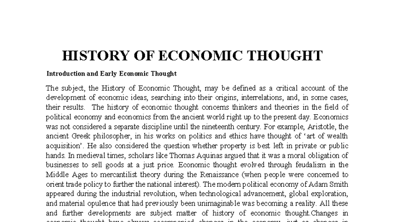 HIST 101: History of Economic Thought - Key Concepts and Theories - Studocu