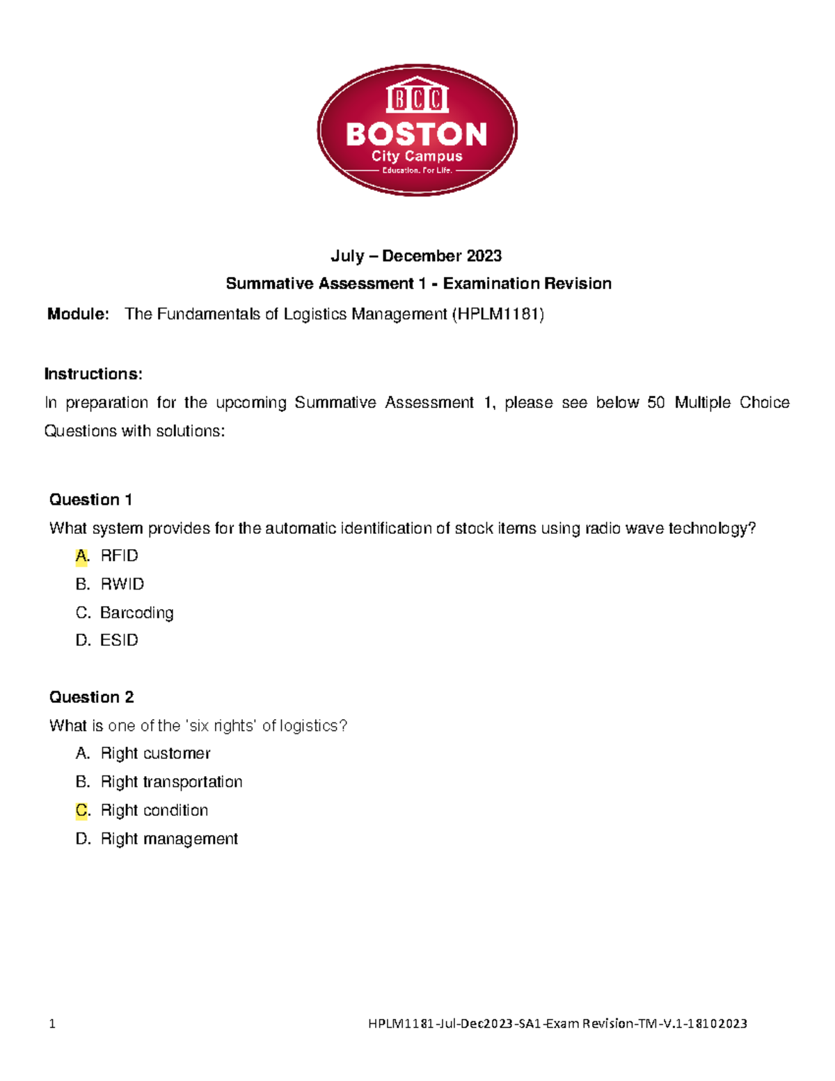 HPLM 1181: Logistics Management Summative Assessment 1 Revision Guide ...
