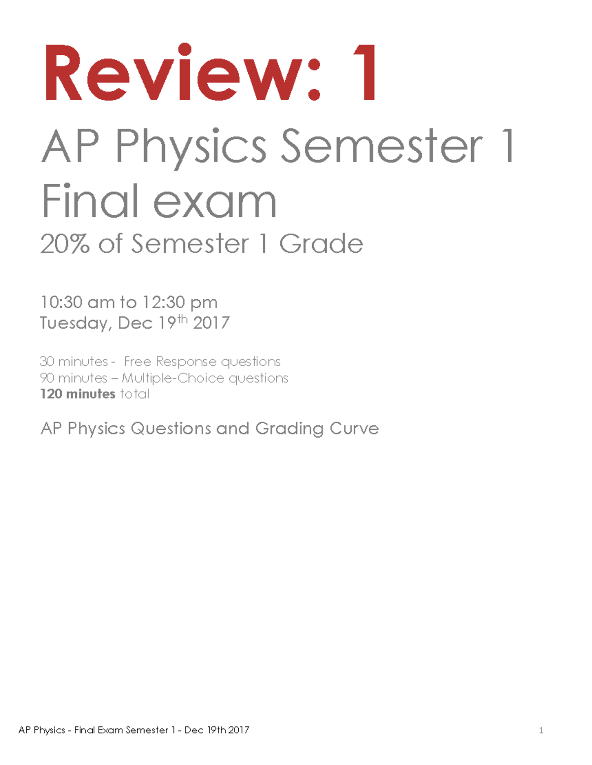 Ap physics semester one final exam review 1 version b - 1 Review: 1 AP Physics Semester 1 Final ...