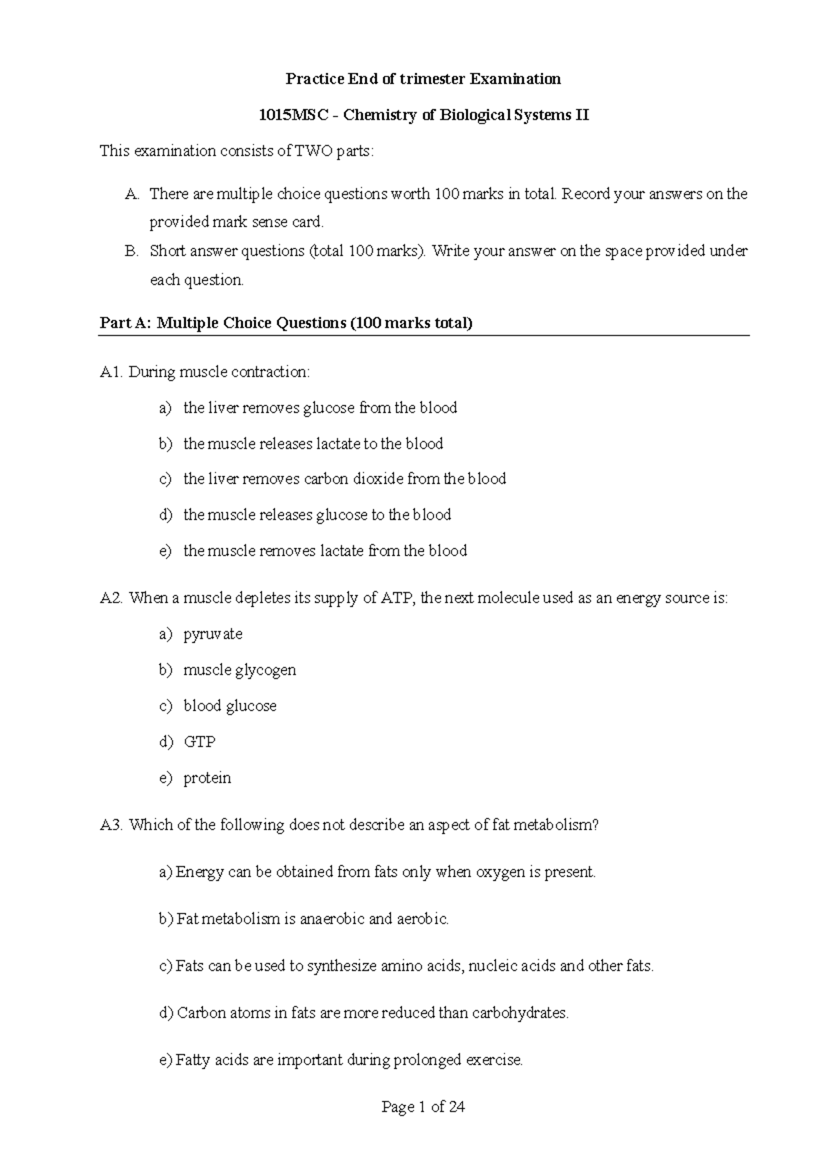 1015MSC Practice End of Trimester Exam: Chemistry of Biological Systems ...