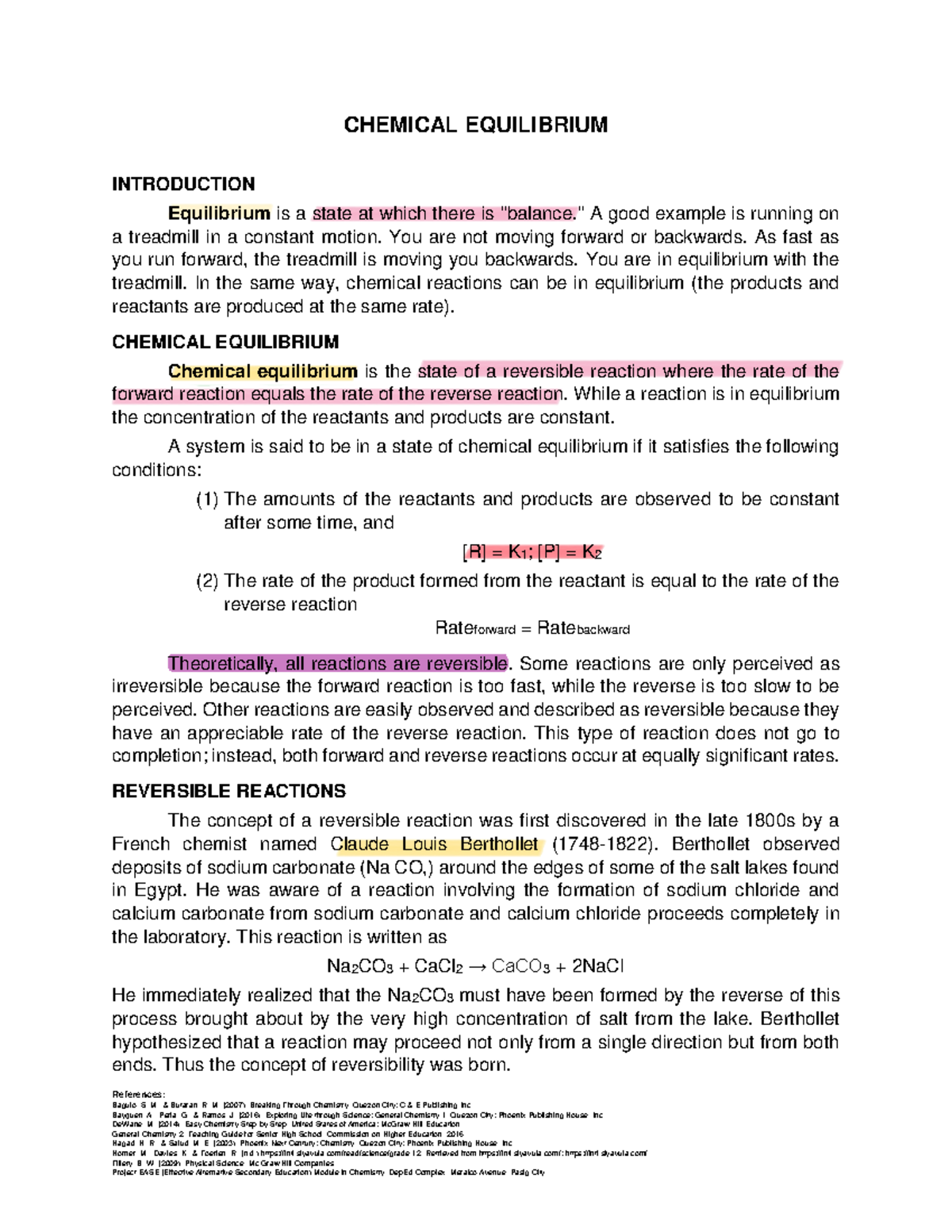 1.Chemical Equilibrium 2 - References: Baguio, S. M., & Butaran, R. M ...