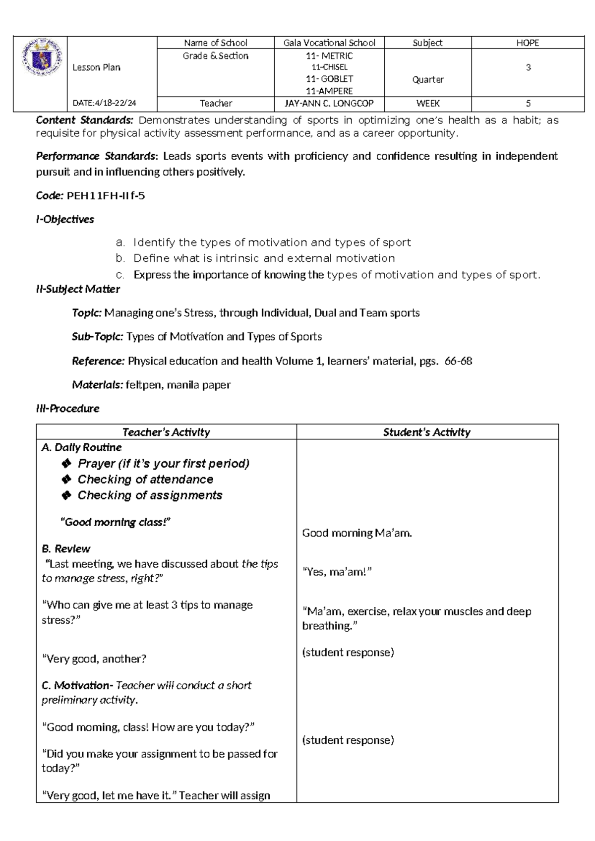 Lesson Plan: 3 Types of Motivation in Sports - Gala Vocational School ...