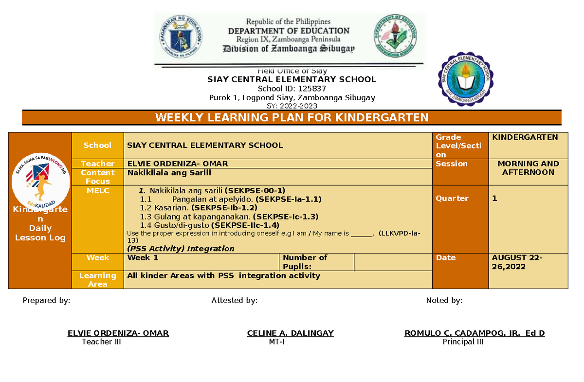 WLP-DLL-WITH PSS: WEEK 1 KINDERGARTEN Q1 - ELVIE OMAR - Studocu