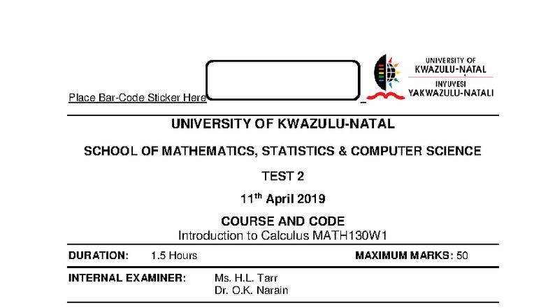 Math130W1 2019 Test 2: Introduction to Calculus Exam - Studocu