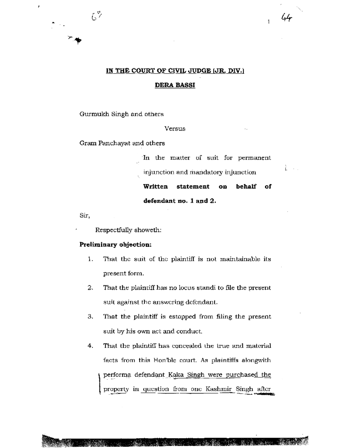 Civil Case Written Statement: Gurmukh Singh vs. Gram Panchayat (CIVIL ...