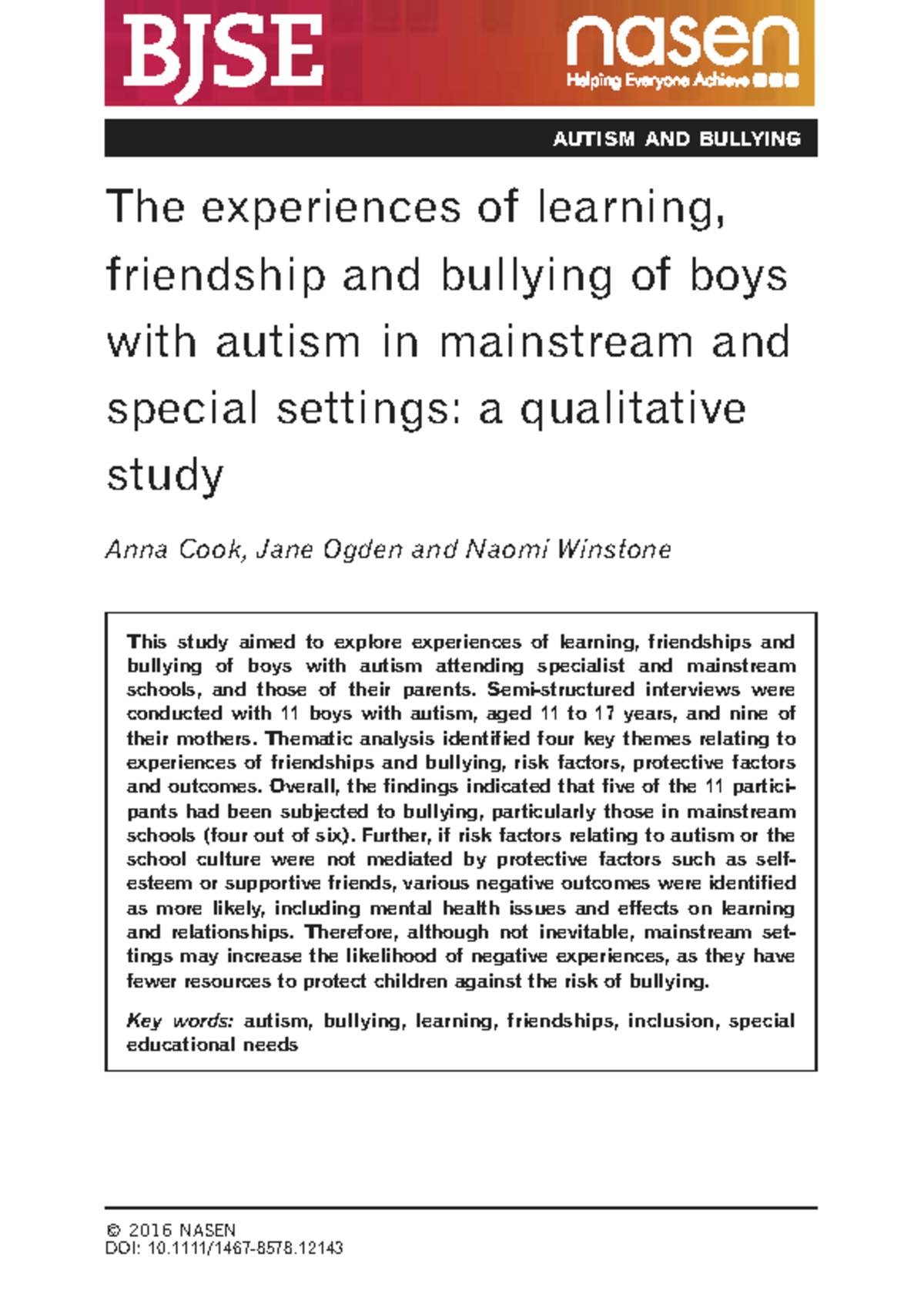 AUTISM 101: Learning, Friendship & Bullying in Boys (Qualitative Study ...