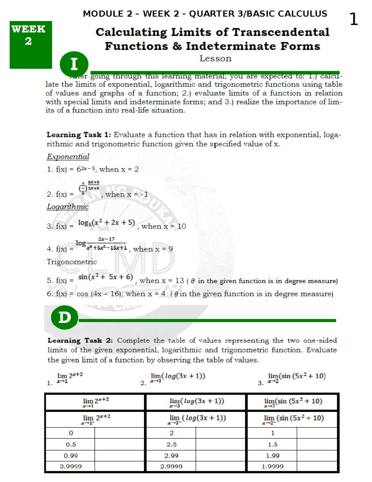 Basic Calculus Module 2 - Week 2 - Q3 - Limits of Transcedental ...