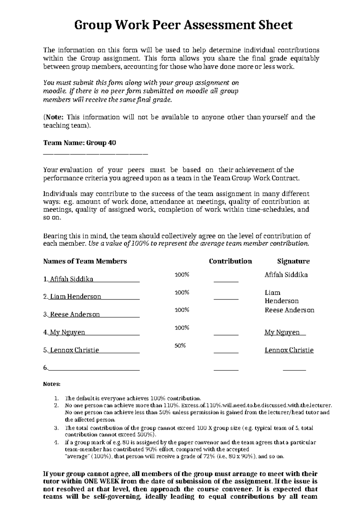 Group Work Peer Assessment Sheet for Team 40: Contribution Evaluation ...