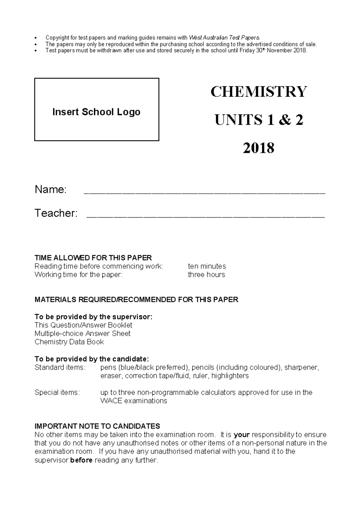 2018 Chemistry Units 1 & 2 Final Exam Paper - Studocu