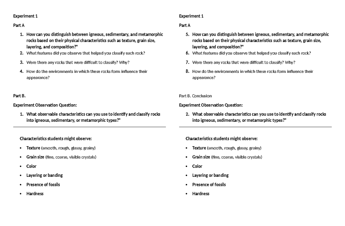 Experiment 1: Classifying Igneous, Sedimentary, and Metamorphic Rocks ...