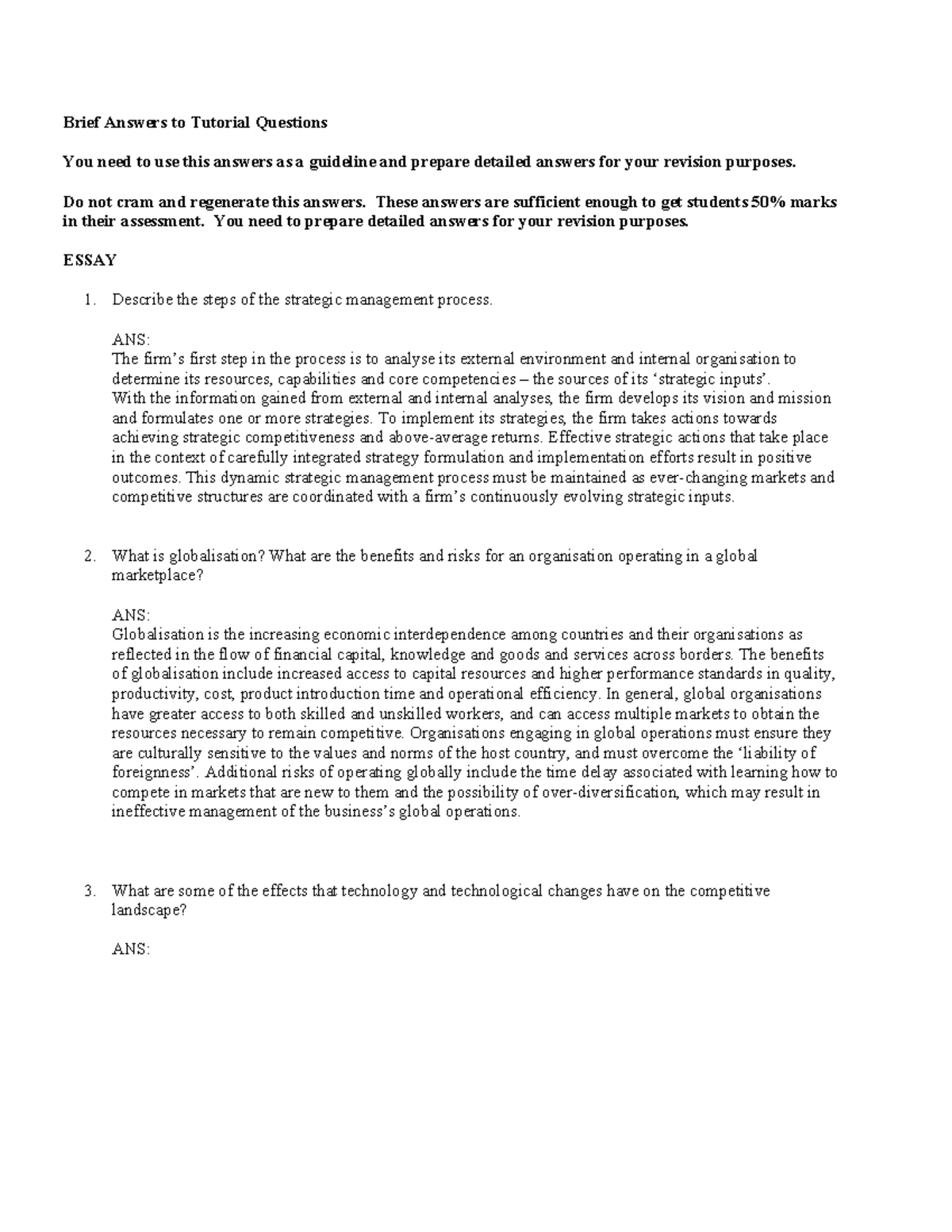 Tutorial 1 Solutions: Strategic Management Process & Globalisation ...