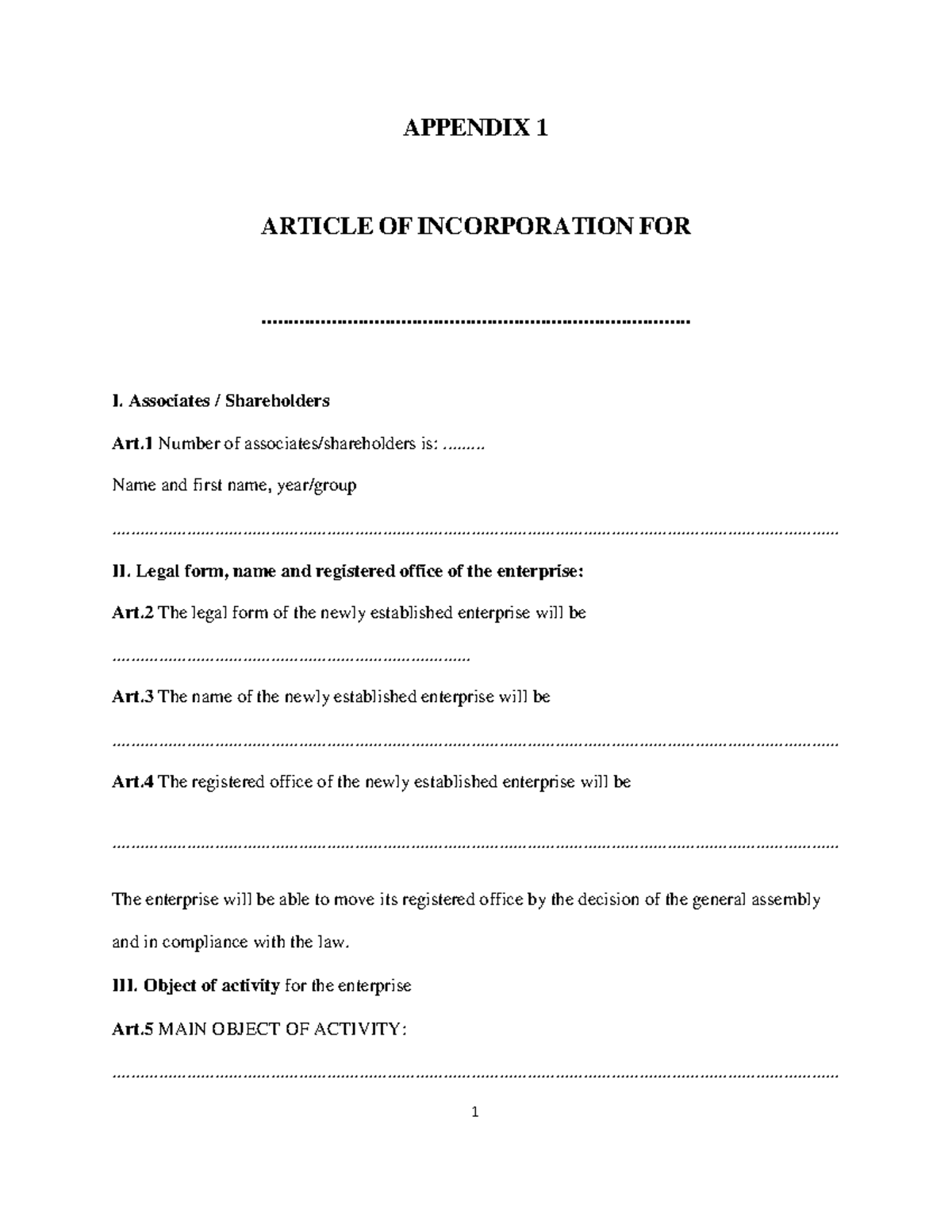 Appendix 1: Articles of Incorporation for New Enterprise - Studocu