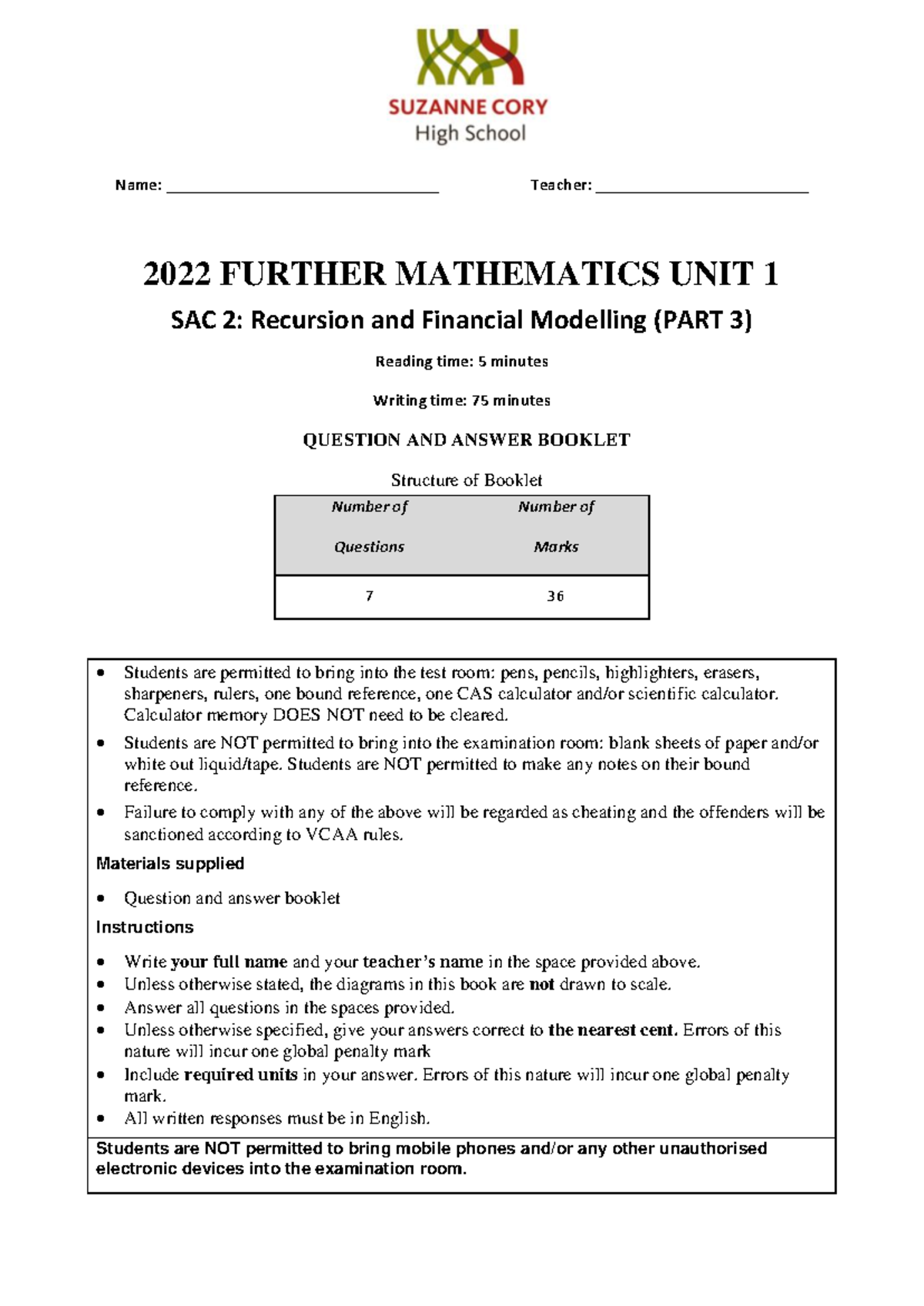2022 FURTHER MATHEMATICS UNIT 1 SAC 2: Recursion & Financial Modelling ...