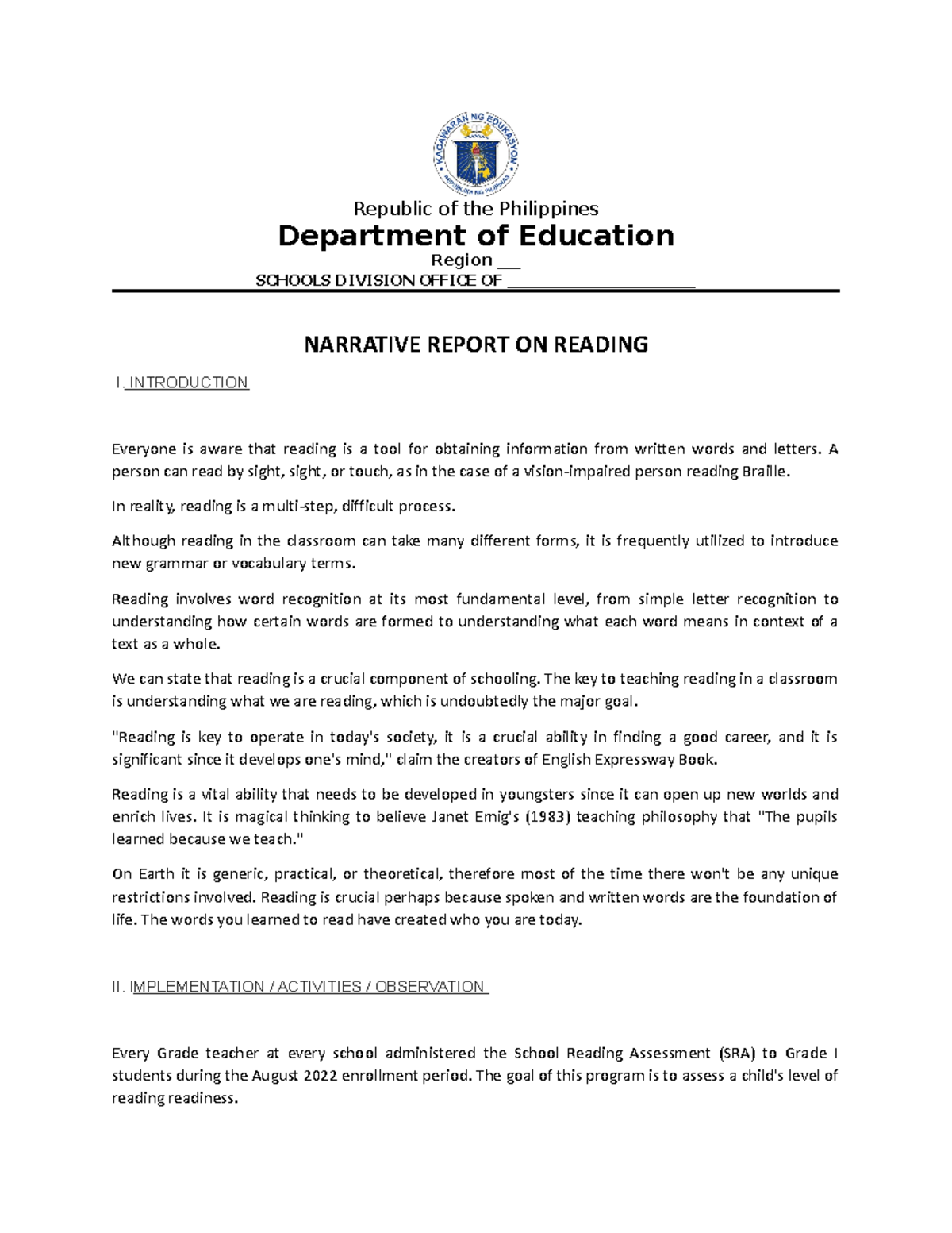 Narrative Report on Reading Program Implementation and Outcomes - Studocu