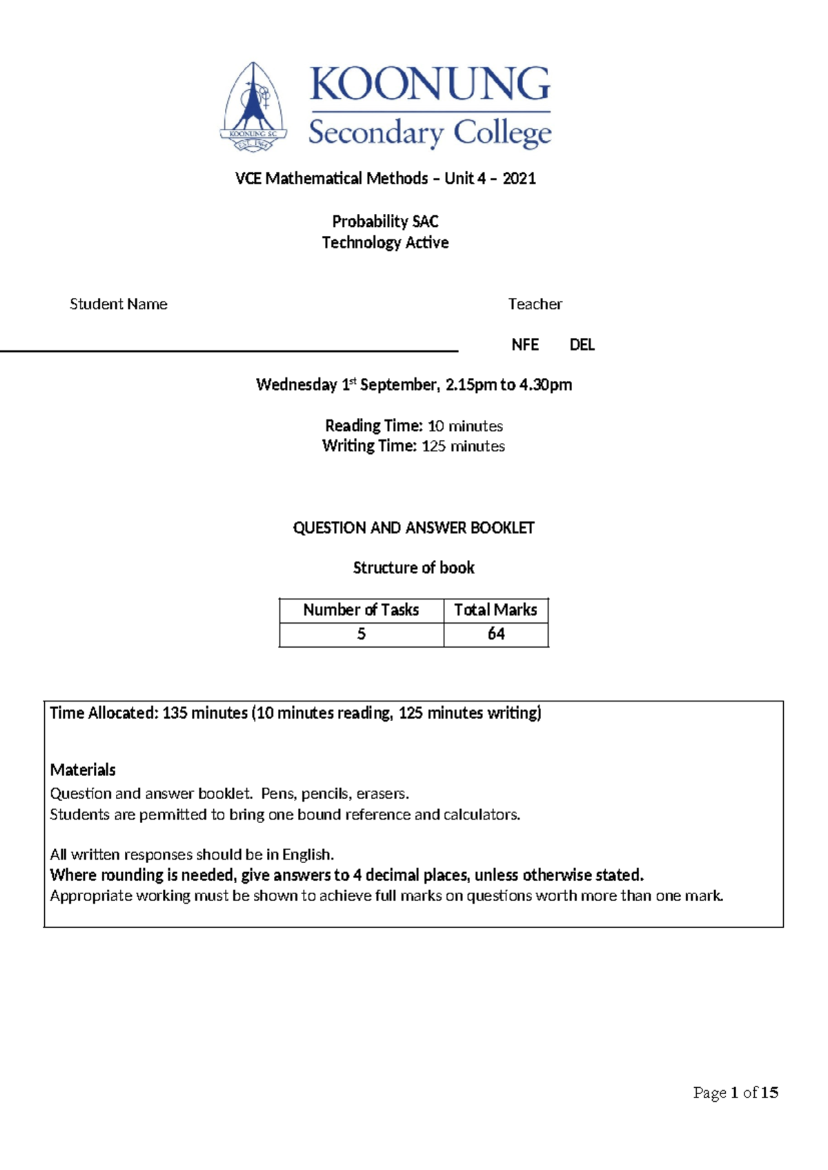 2021 VCE Mathematical Methods Unit 4 Probability SAC Notes - Studocu