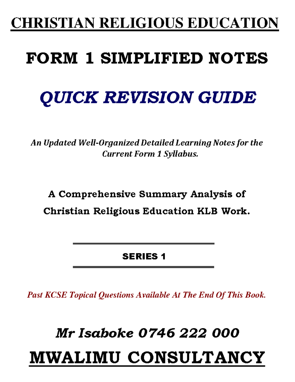 C.R.E. FORM 1 Comprehensive Simplified Revision Notes - Studocu