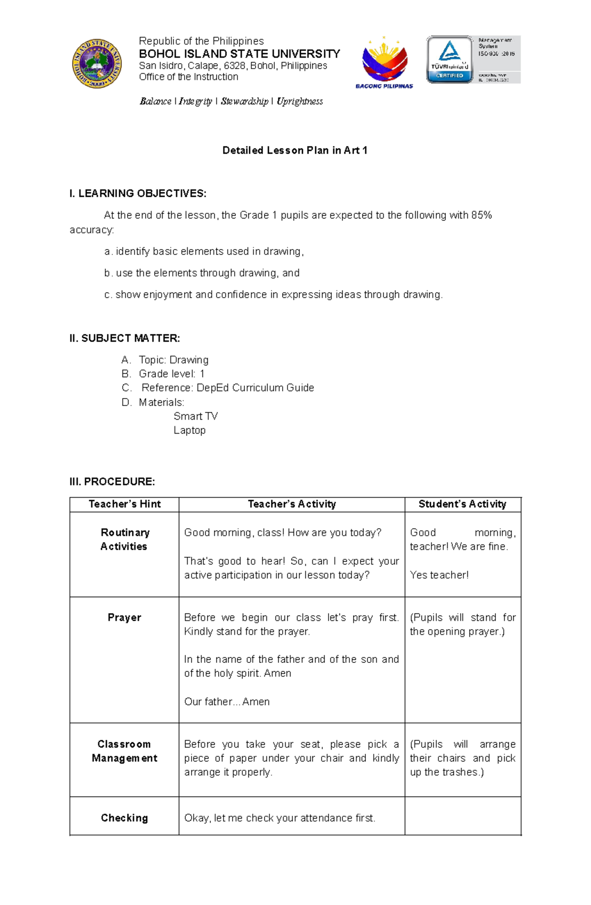 Art 1 Detailed Lesson Plan for Grade 1: Drawing Techniques - Studocu