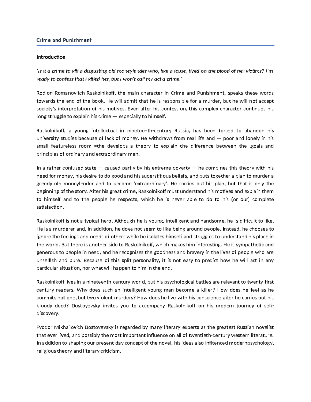 Crime and Punishment (ENG 101) Introduction & Chapters 1-2 Summary ...