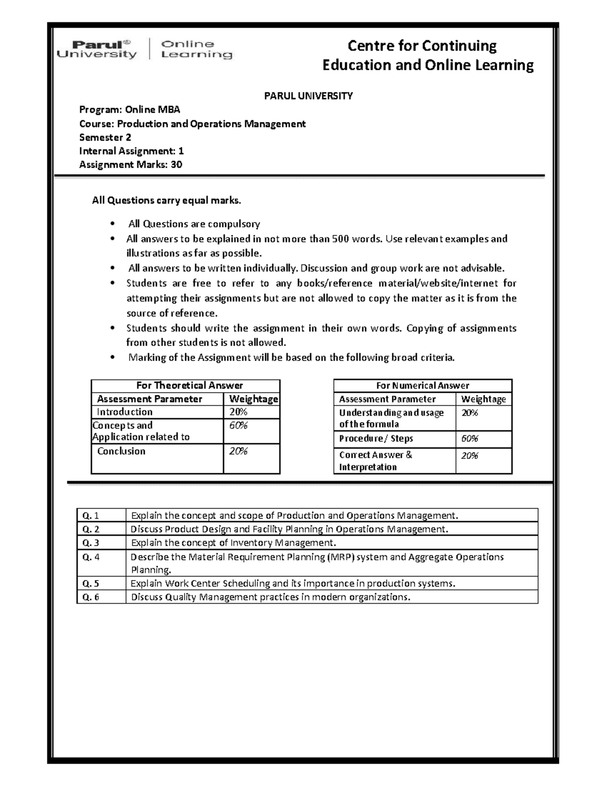 Production and Operations Management - Online MBA Assignment 1 - Studocu