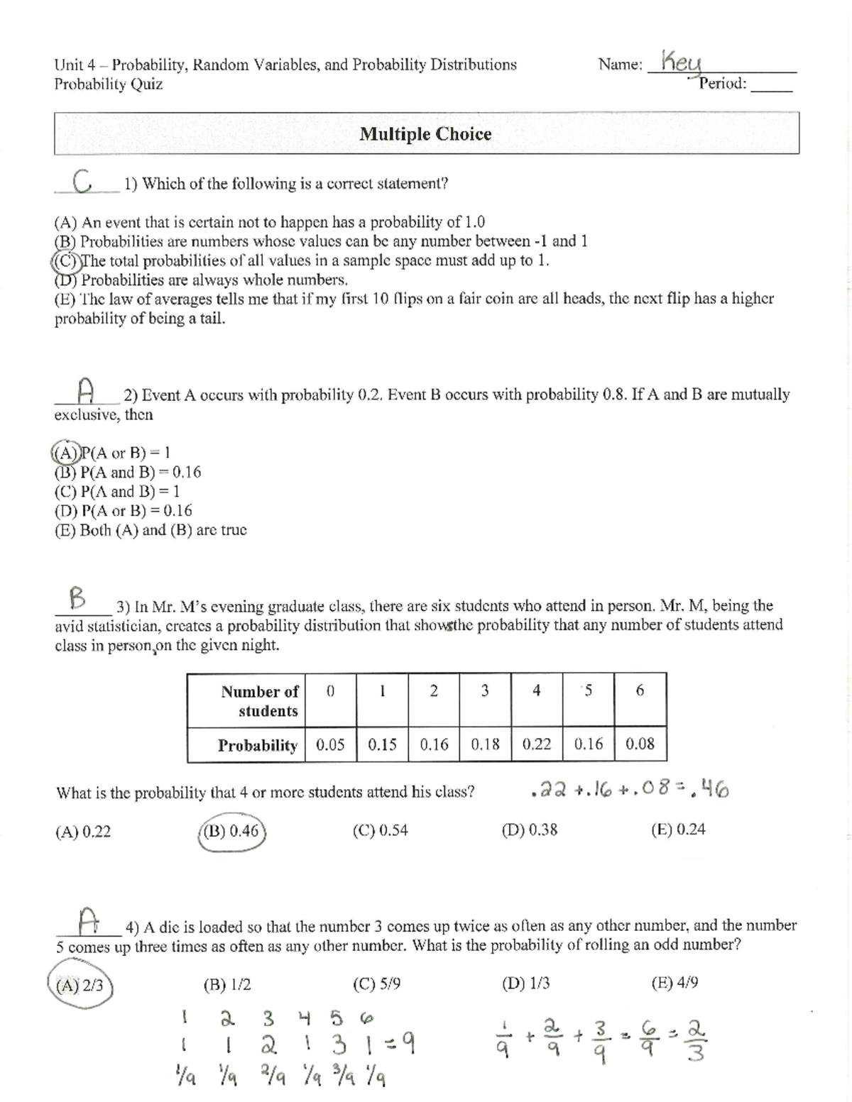 Unit 4 Probability Quiz Key - Practice Quiz Solutions - Studocu