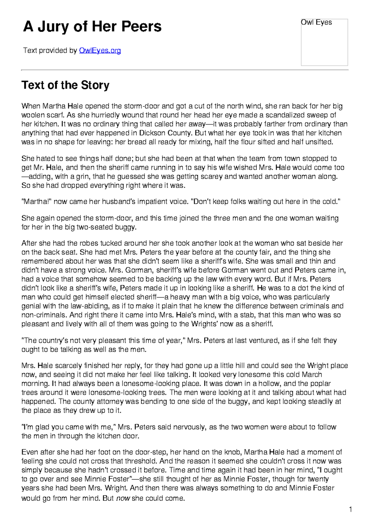 a jury of her peers text - A Jury of Her Peers Text provided by OwlEyes ...