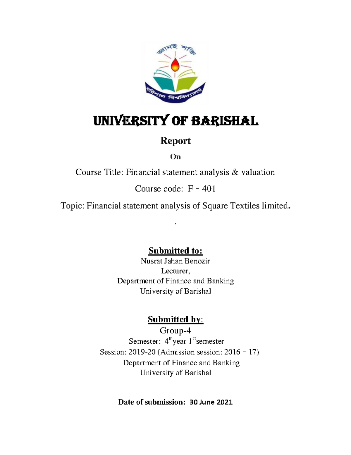Financial Statement Analysis & Valuation of Square Textiles Ltd. (F-401 ...