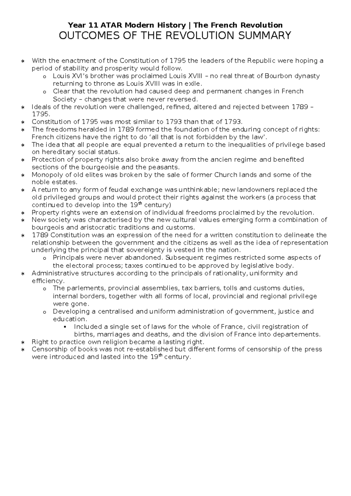 Year 11 ATAR Modern History: French Revolution Outcomes Summary - Studocu