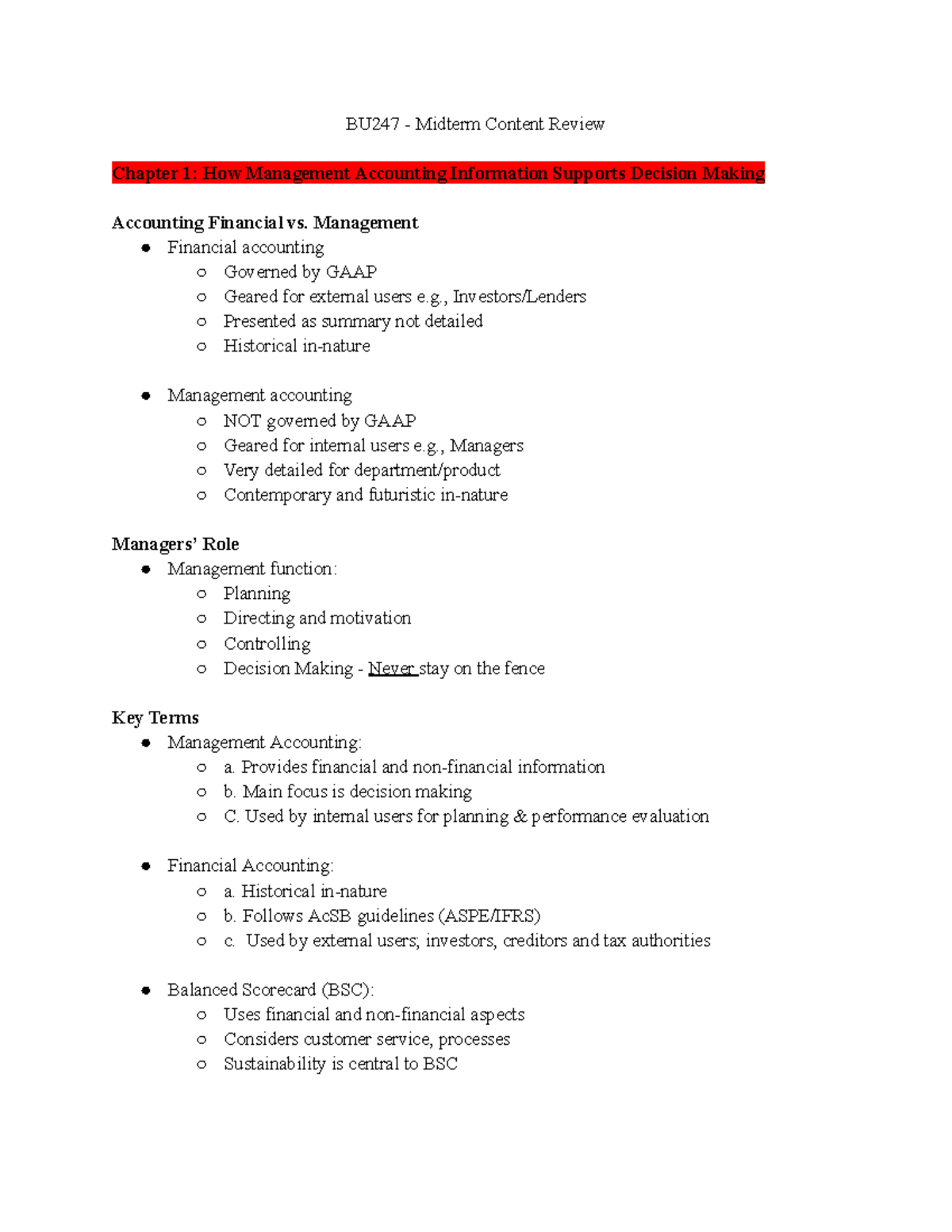 BU247 - Midterm Study Guide: Management Accounting Insights - Studocu