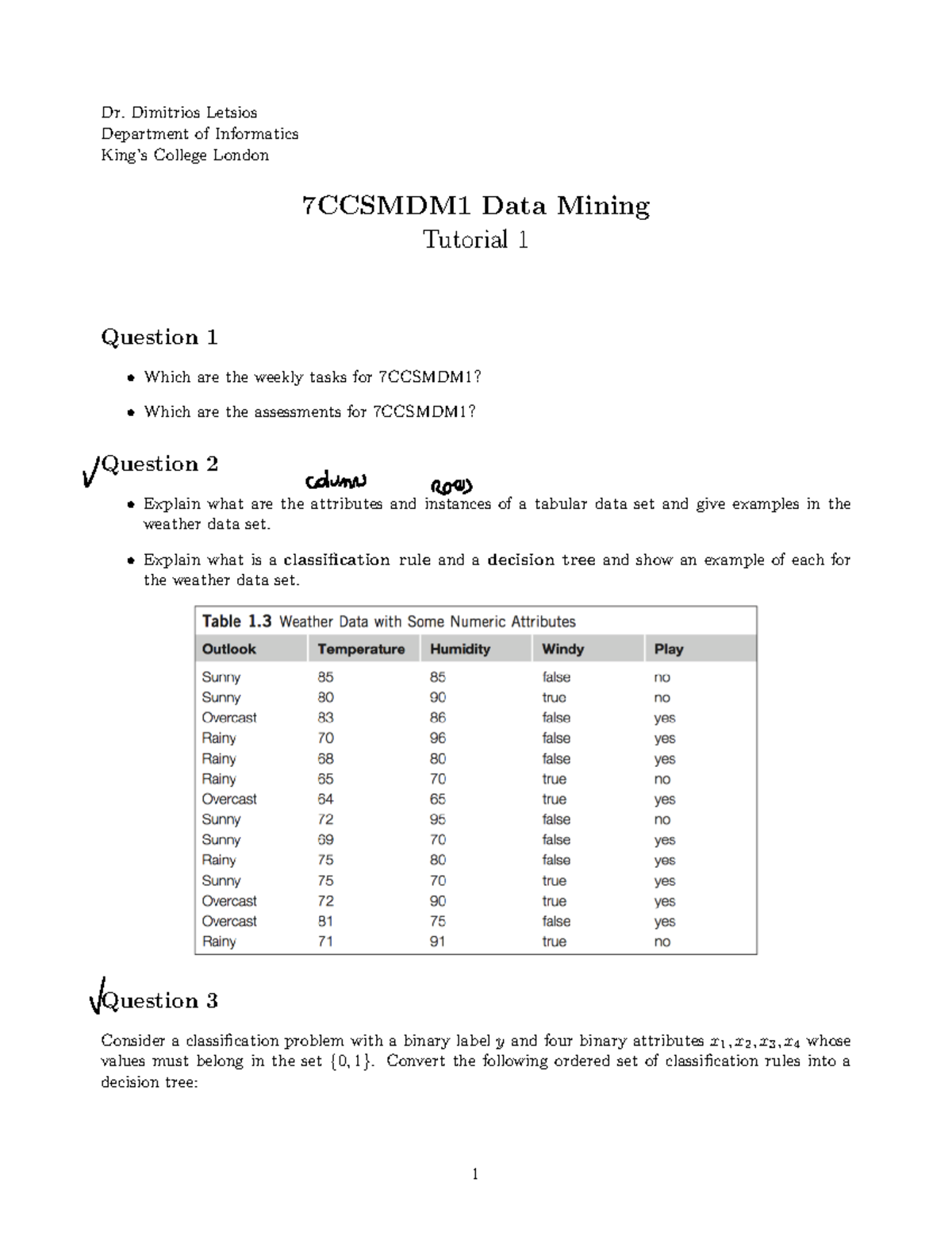 7CCSMDM1 Data Mining Tutorial 1: Weekly Tasks & Classification Rules ...