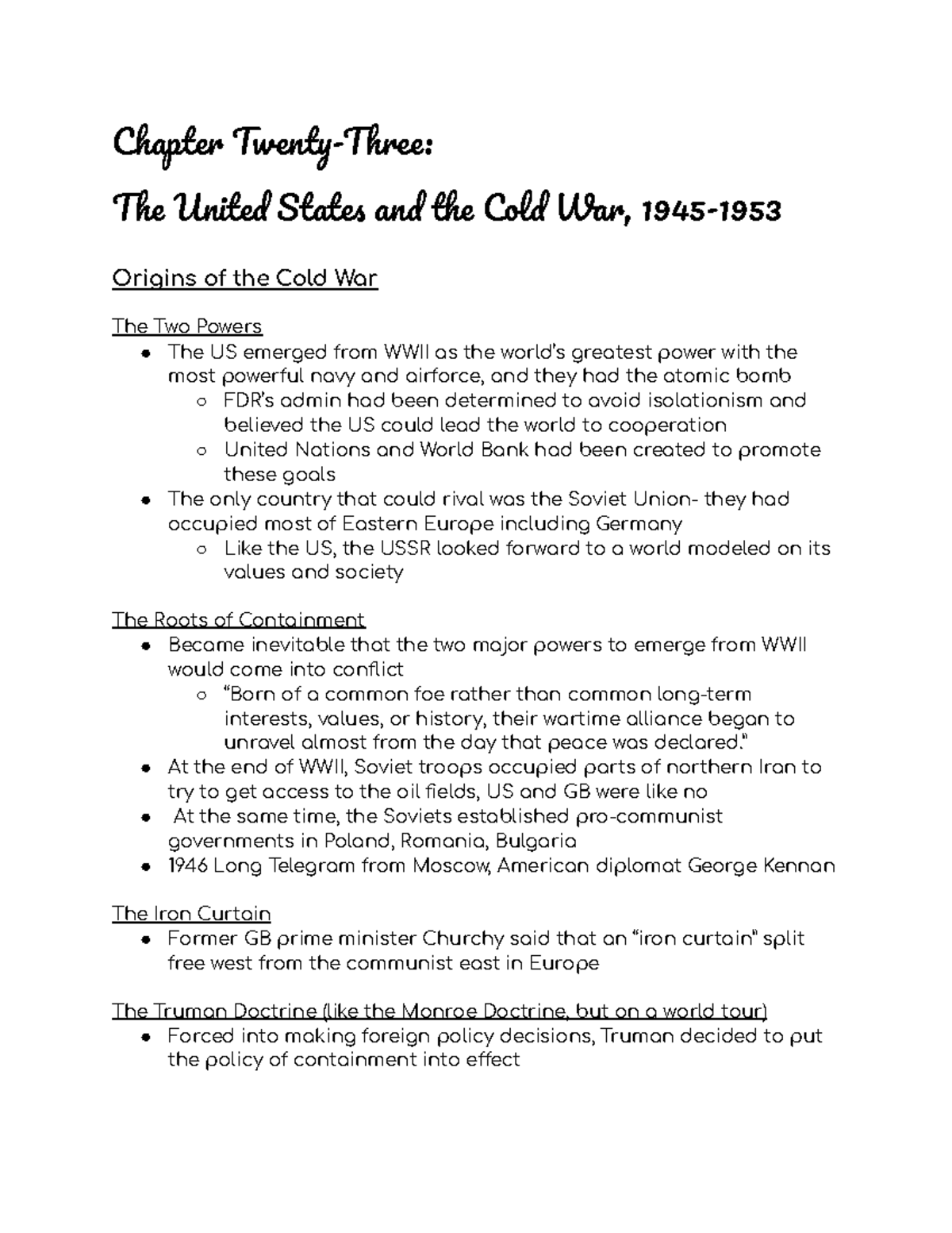 Chapter 23 Notes: The Cold War and U.S. Foreign Policy (History 101 ...