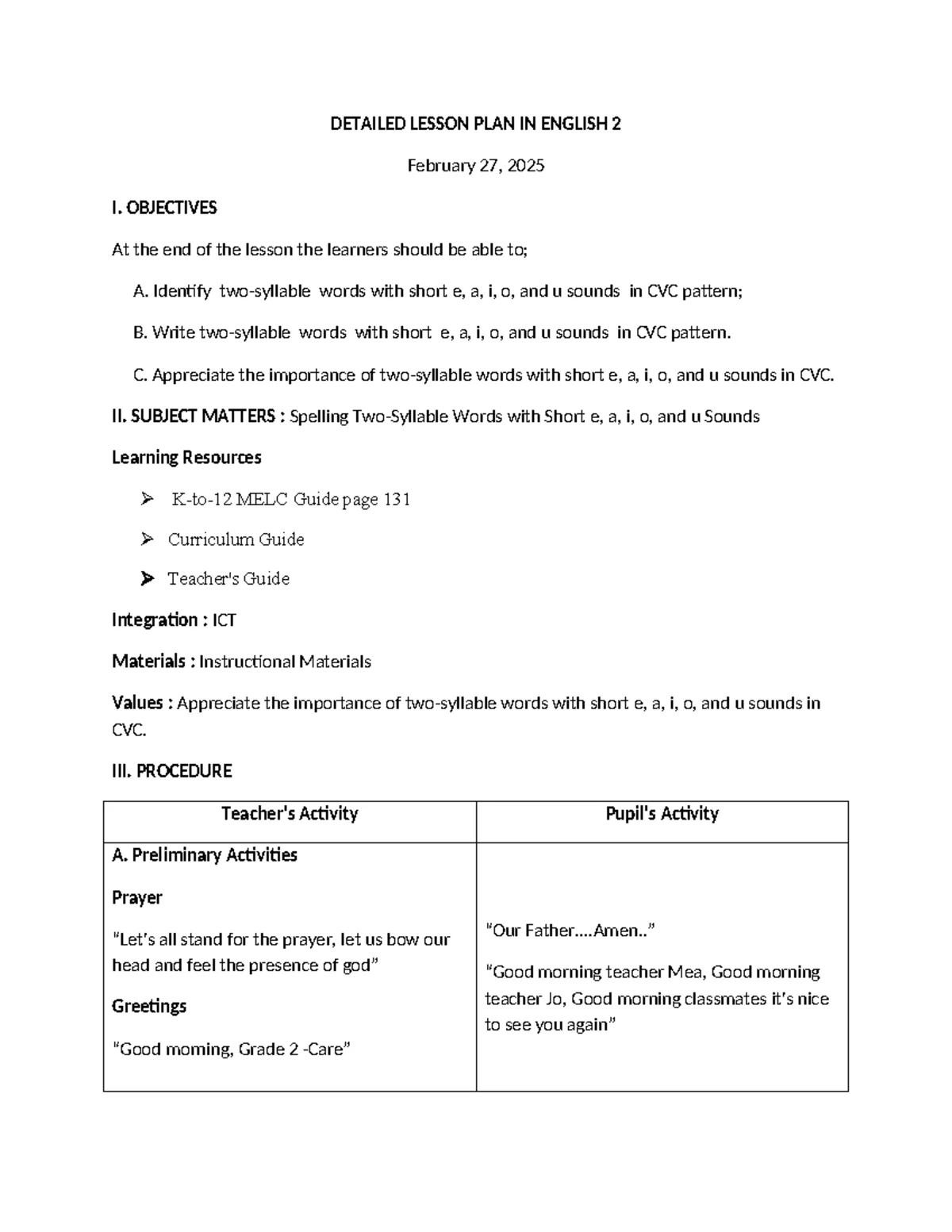 Detailed Lesson Plan: Spelling Two-Syllable Words in English 2 - Studocu