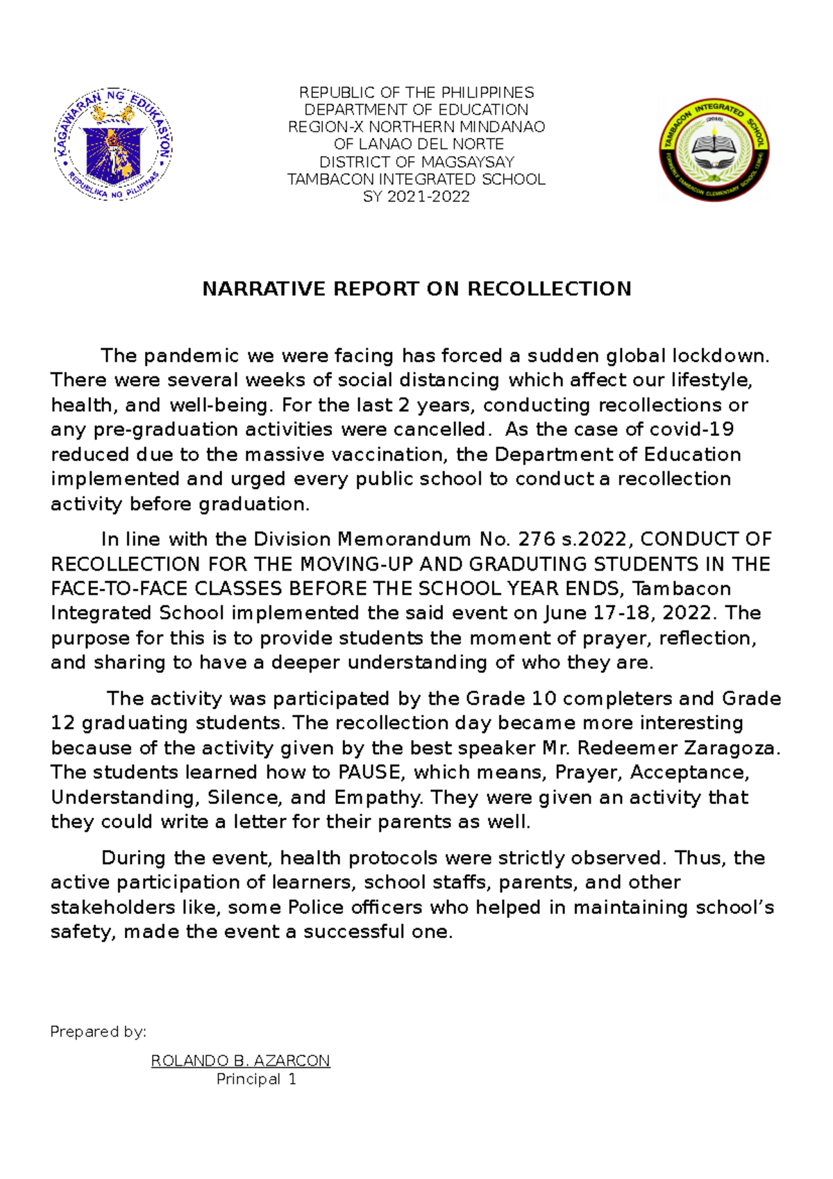 Narrative report on recollection 2022 - REPUBLIC OF THE PHILIPPINES ...