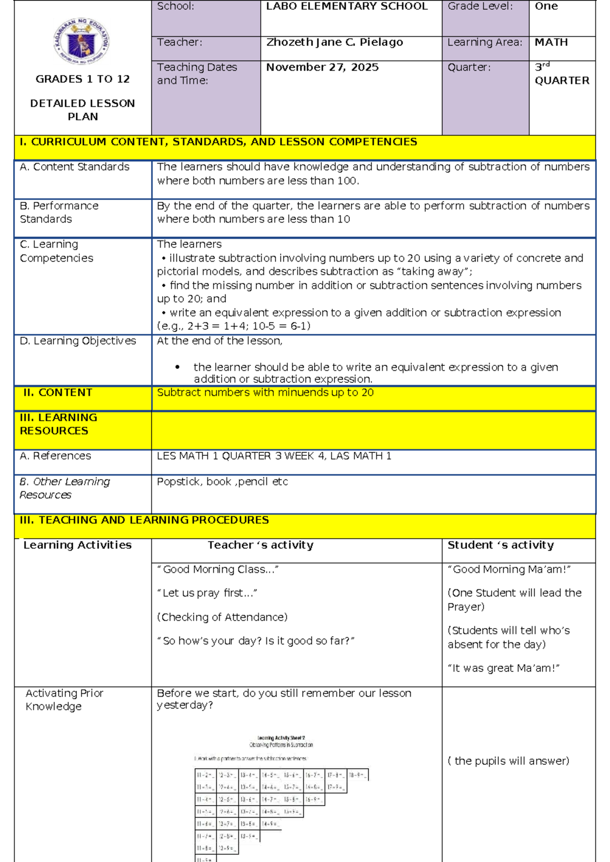 MATH 1 Q3 DETAILED LESSON PLAN - SUBTRACTION (WEEK 4) - Studocu