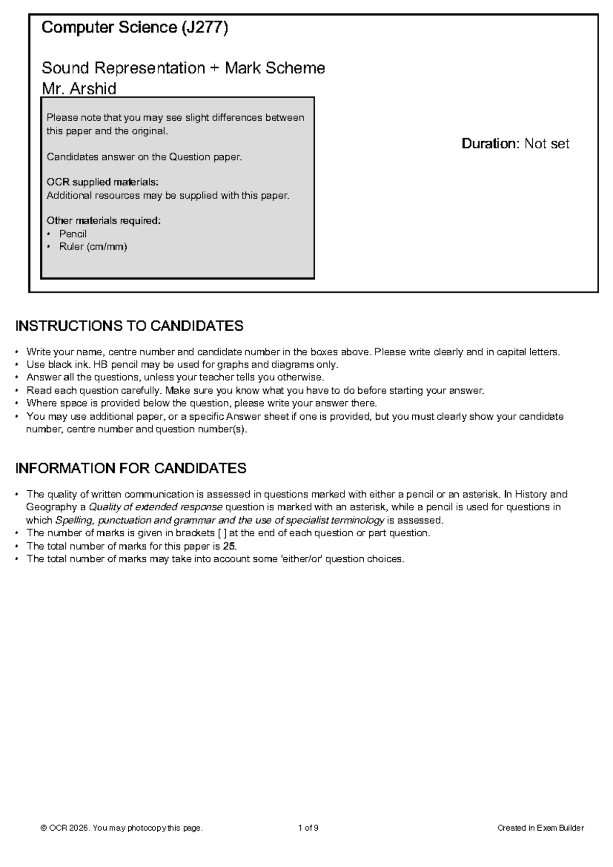 Computer Science (J277) Sound Representation Mark Scheme - Studocu