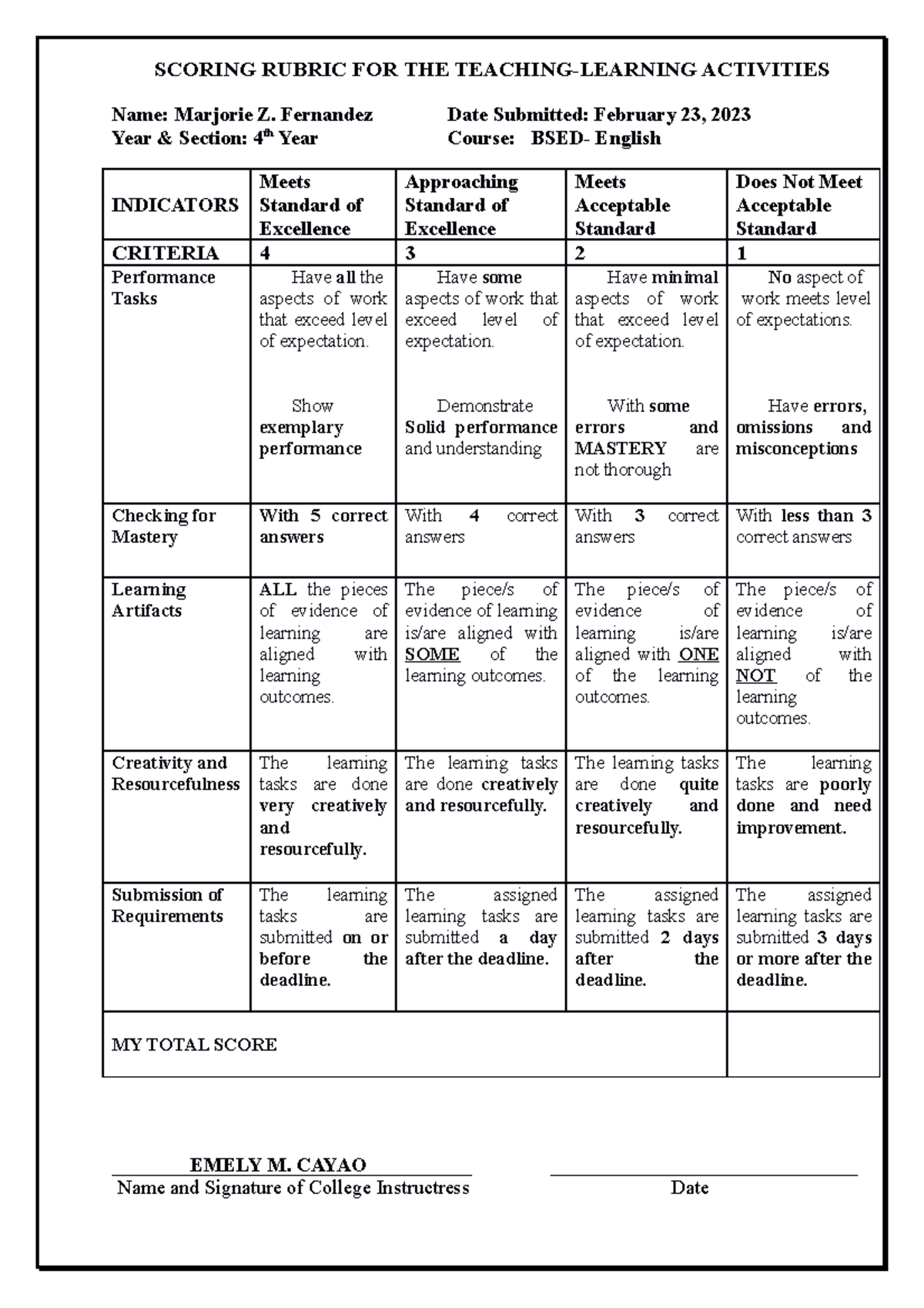 Teaching Internship EP 3 - SCORING RUBRIC FOR THE TEACHING-LEARNING ...