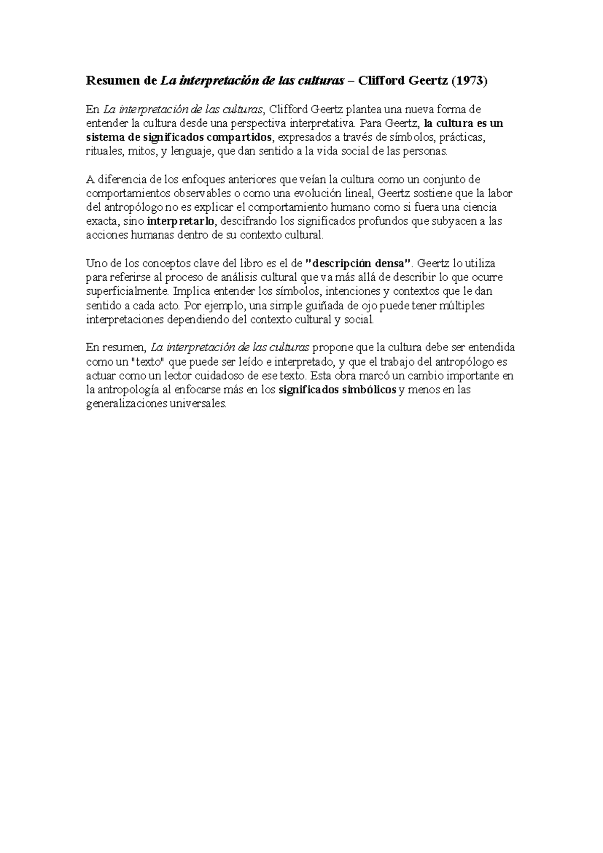 Resumen del Libro "La interpretación de las culturas" de Geertz - Studocu