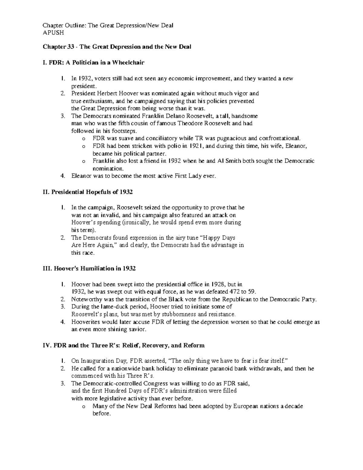 Chapter 33 Outline - The Great Depression & the New Deal (APUSH) - Studocu