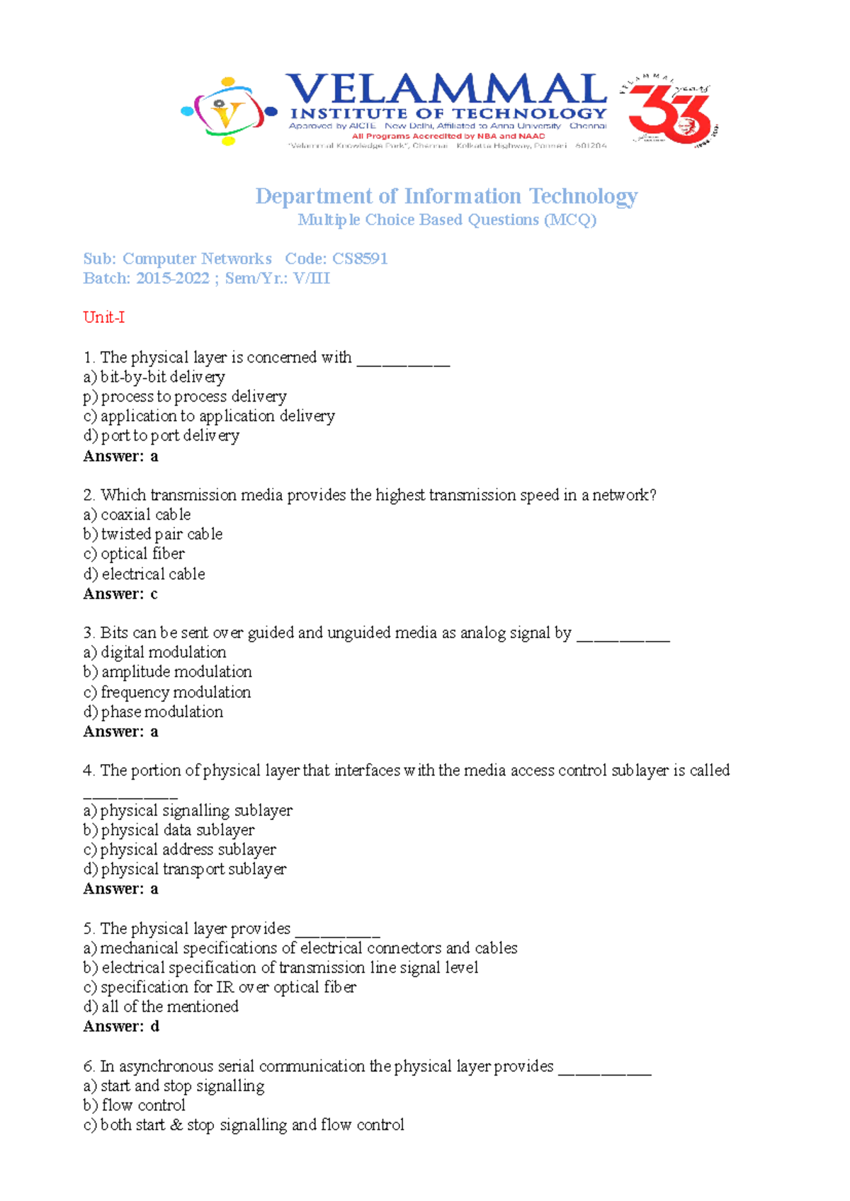 CN-Unitwise MCQs with Answers for Computer Networks (CS8591) - Studocu