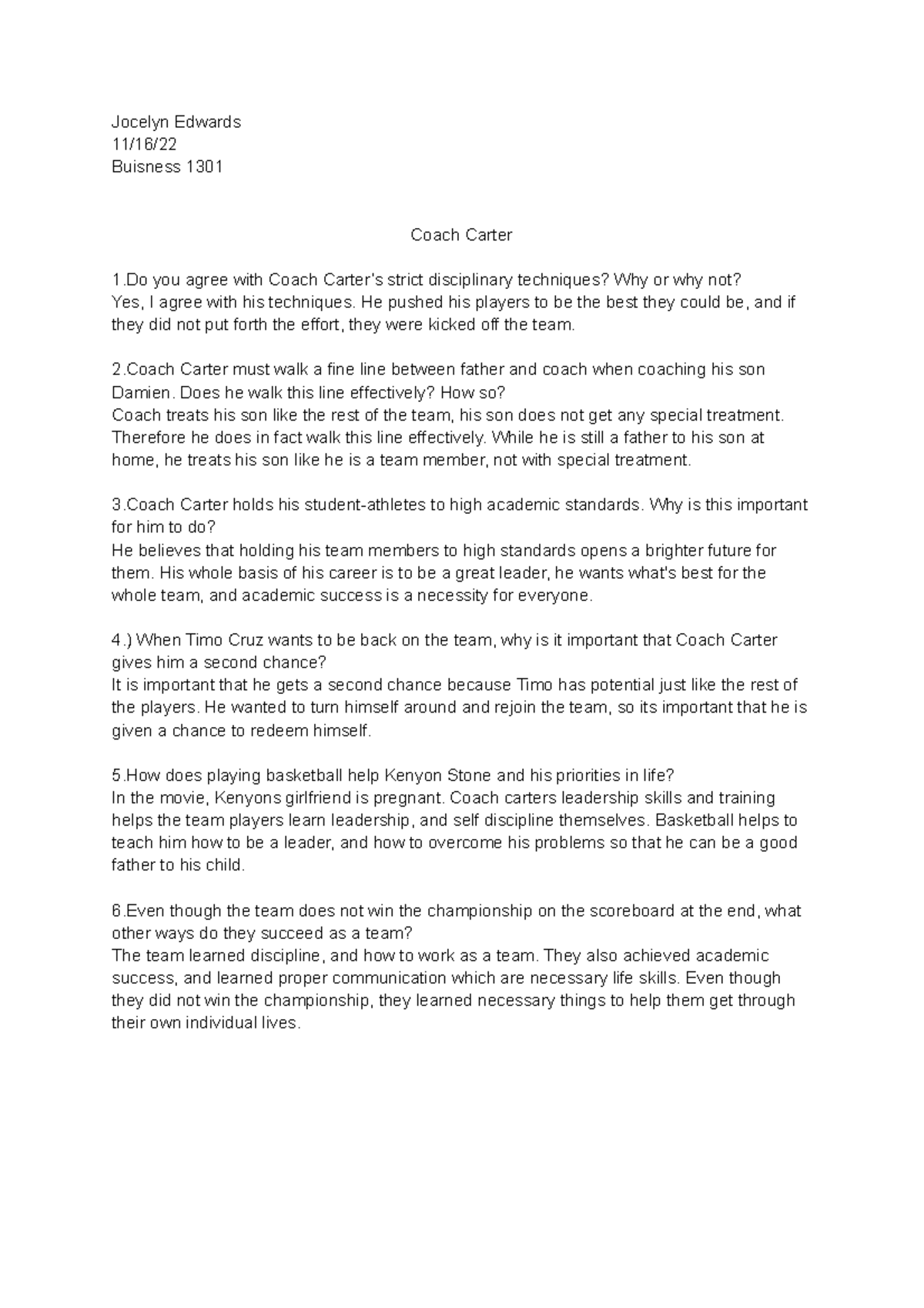 Business 1301: Coach Carter - Assigned Movie Q&A Responses - Studocu