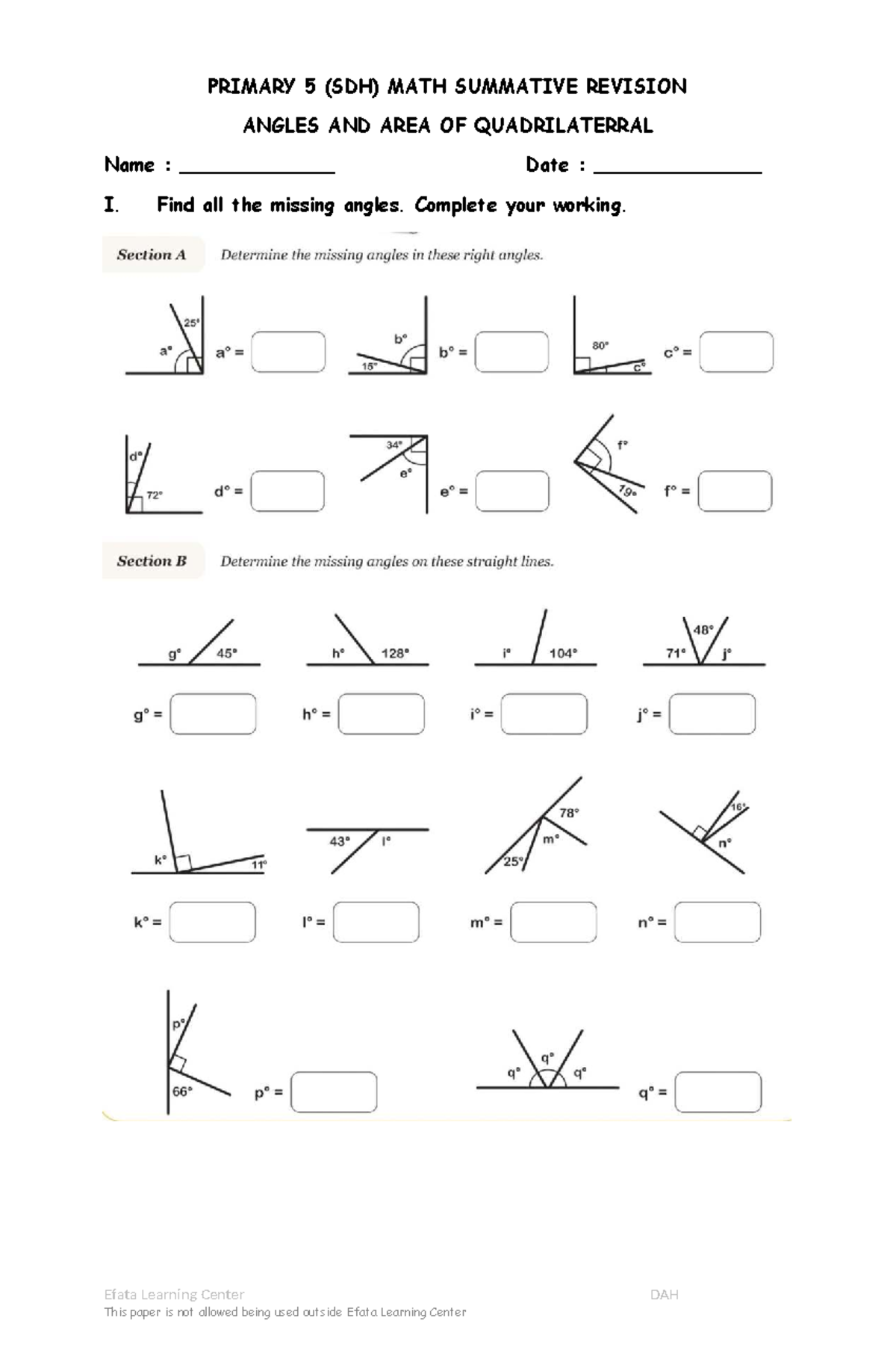PRIMARY 5 (SDH) MATH SUMMATIVE REVISION: ANGLES & AREA - Studocu