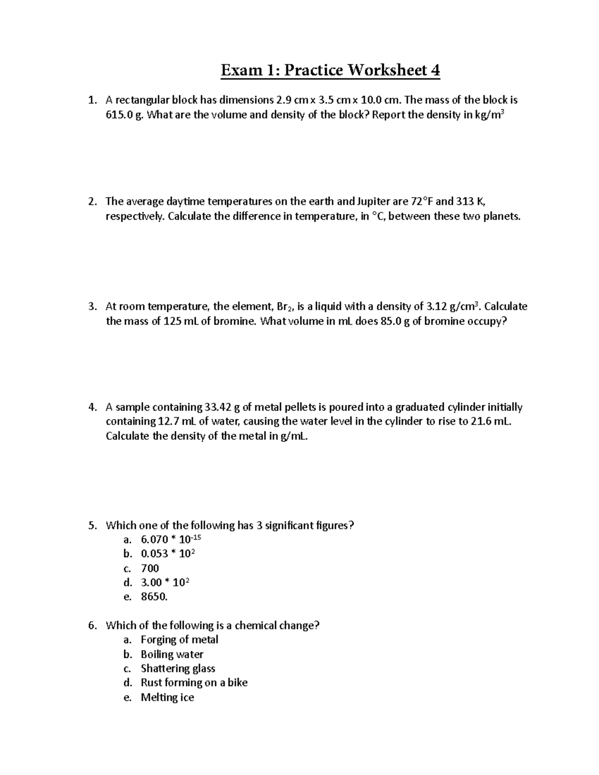 Chemistry 101: Exam 1 Practice Worksheet 4 - Volume & Density ...