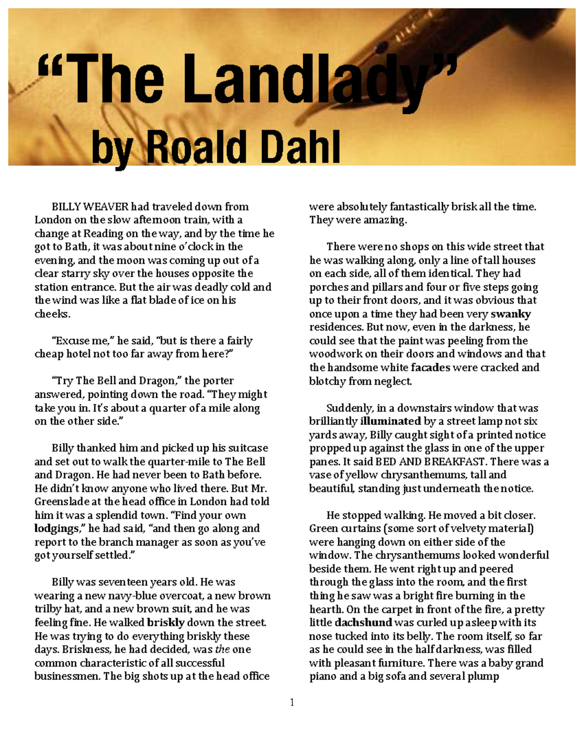 The Landlady (Horror Unit) - A Study of Roald Dahl's Short Story - Studocu