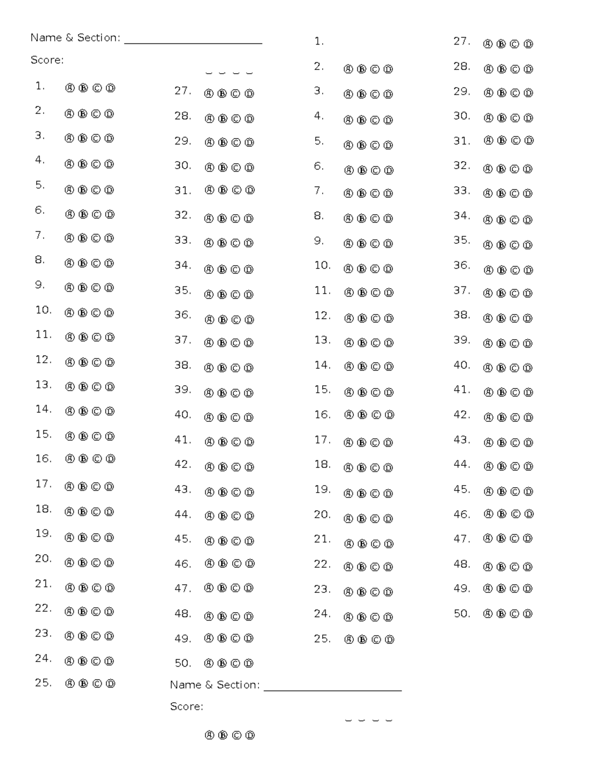 Answer Sheet for Quiz with Bubbles - Section A and B - Studocu
