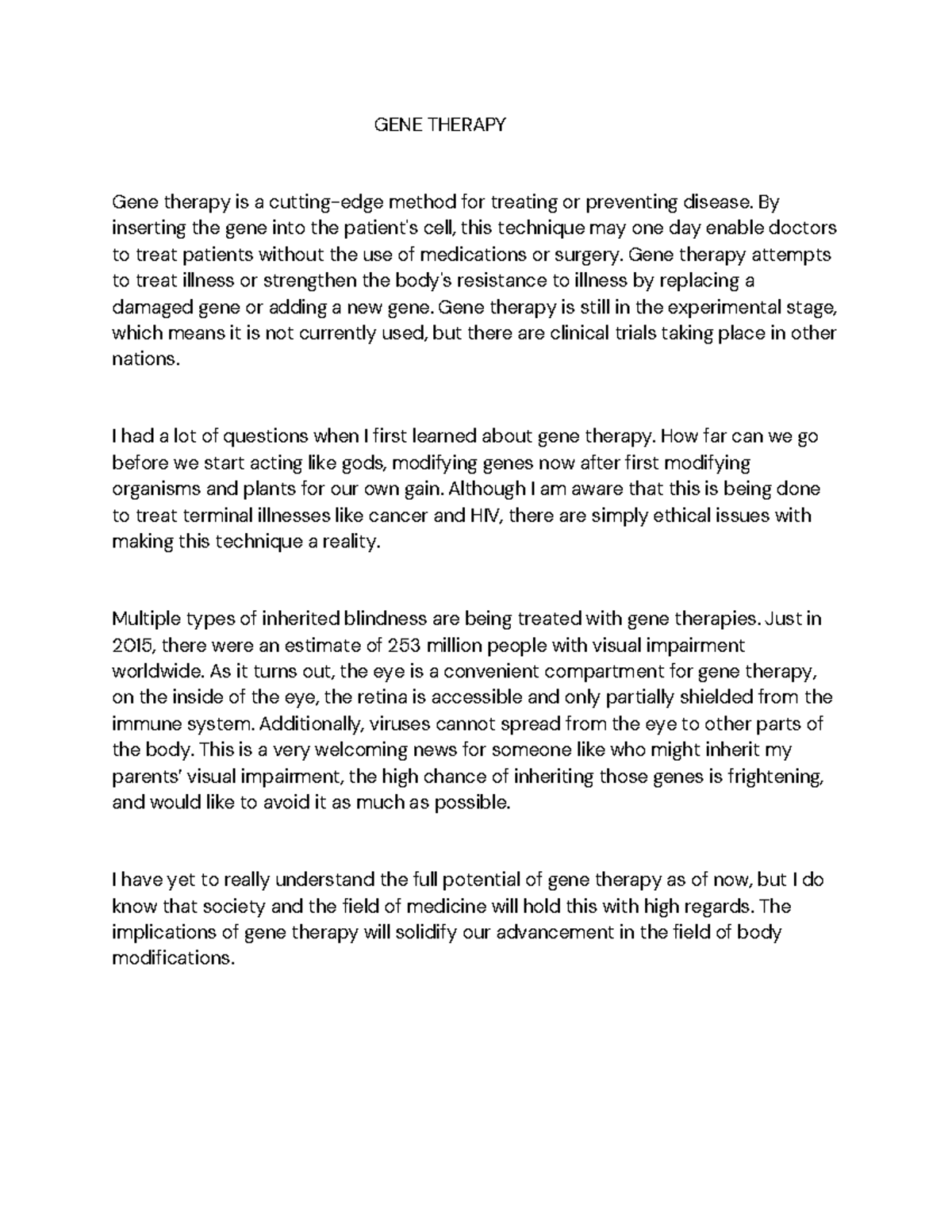 Reflective essay on gene therapy - GENE THERAPY Gene therapy is a ...